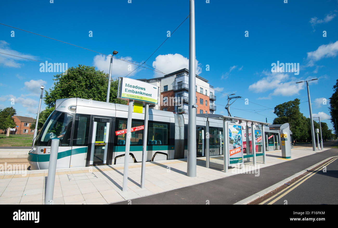 A Nottingham tram running on the newly opened line through the Meadows ...