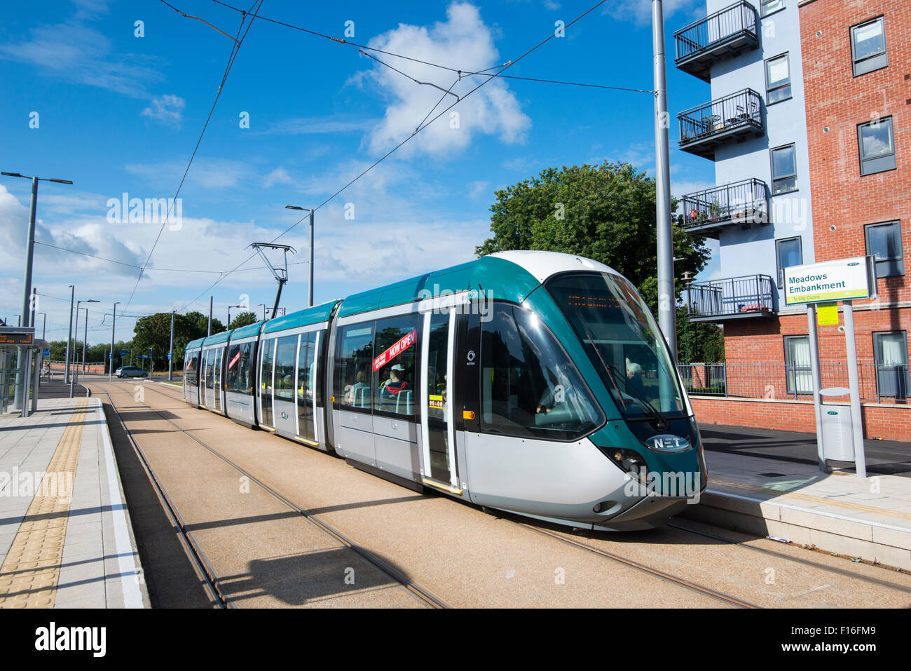 A Nottingham tram running on the newly opened line through the Meadows ...