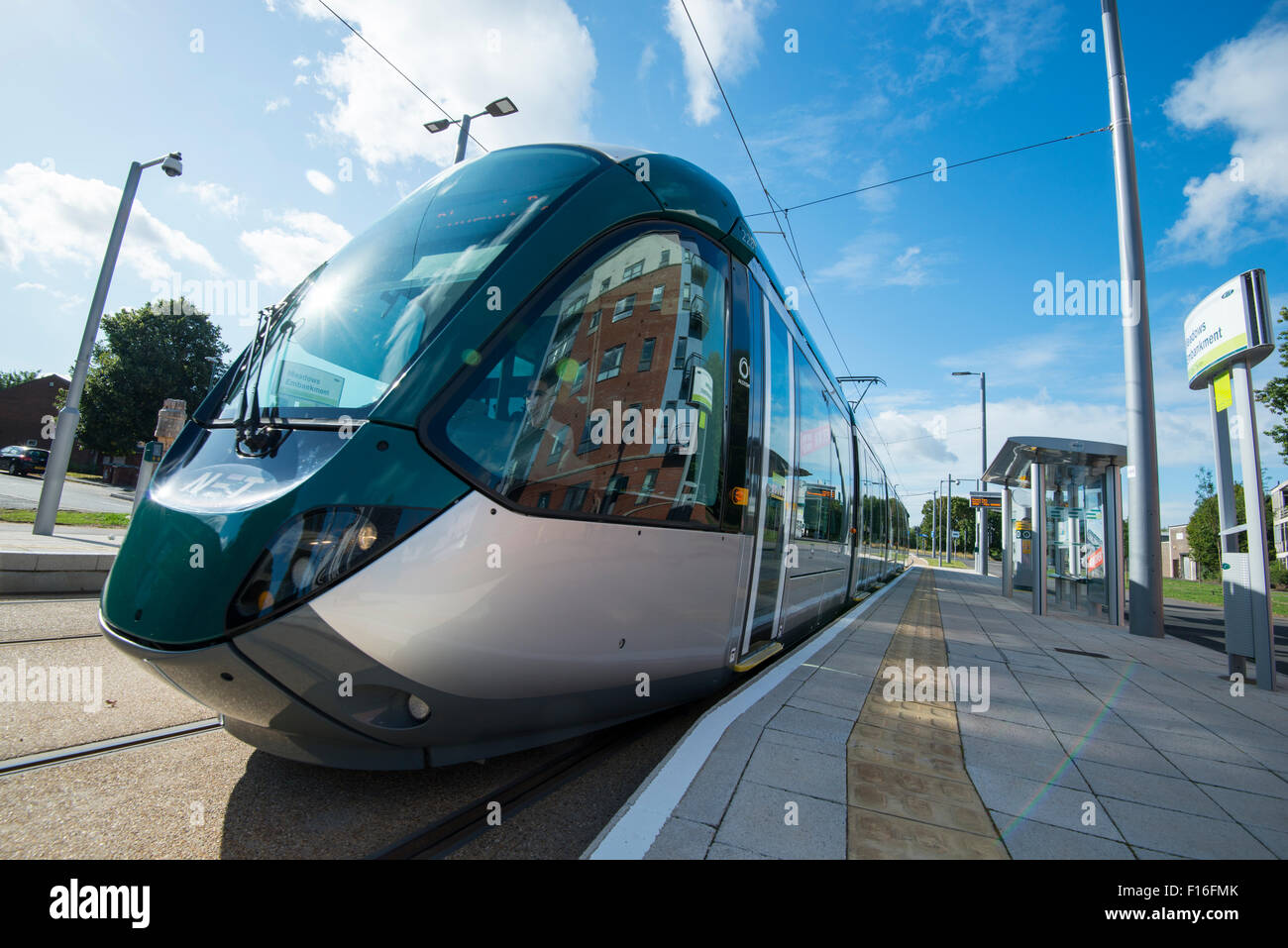 A Nottingham tram running on the newly opened line through the Meadows ...