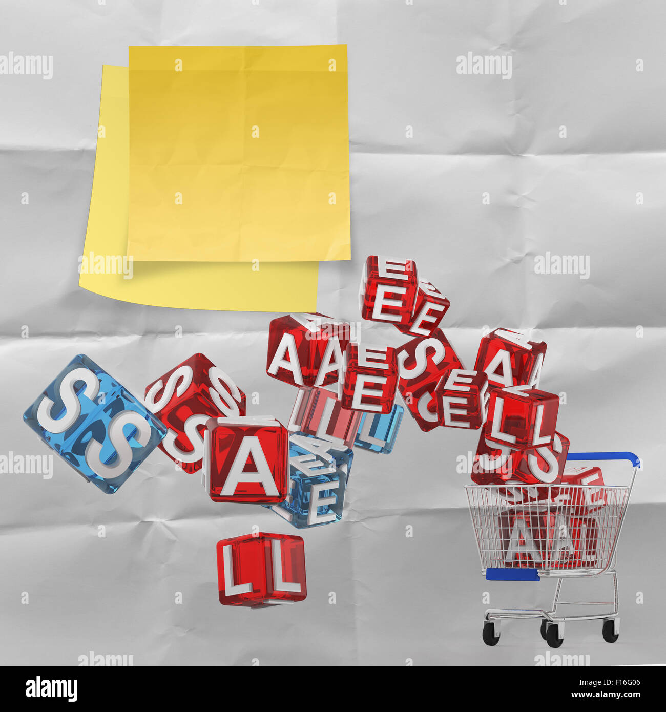 sticky note with sale word and 3d shopping cart sale on crumpled paper ...
