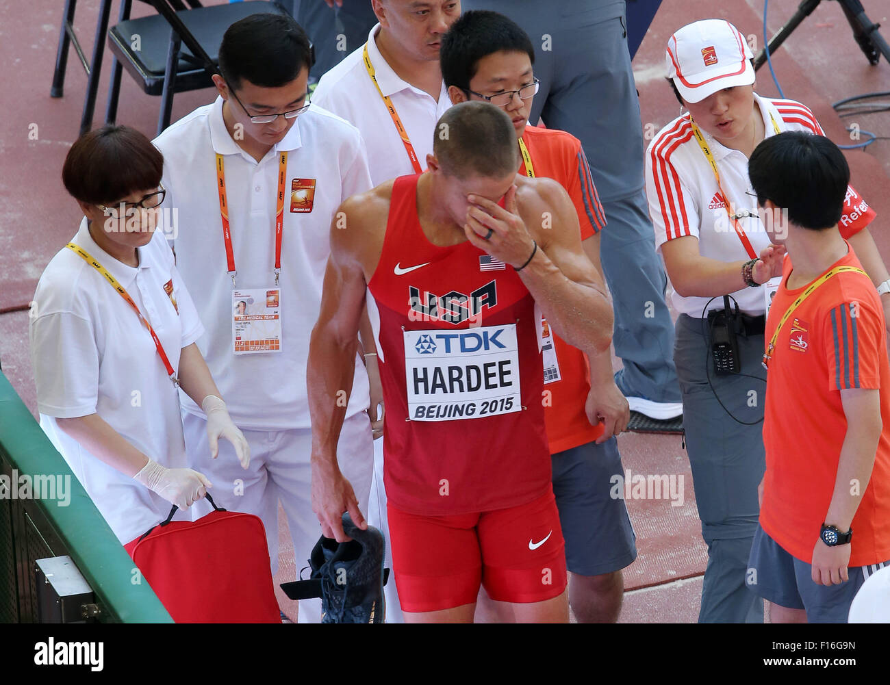 Beijing, China. 28th Aug, 2015. Trey Hardee (C) of the USA leaves the ...