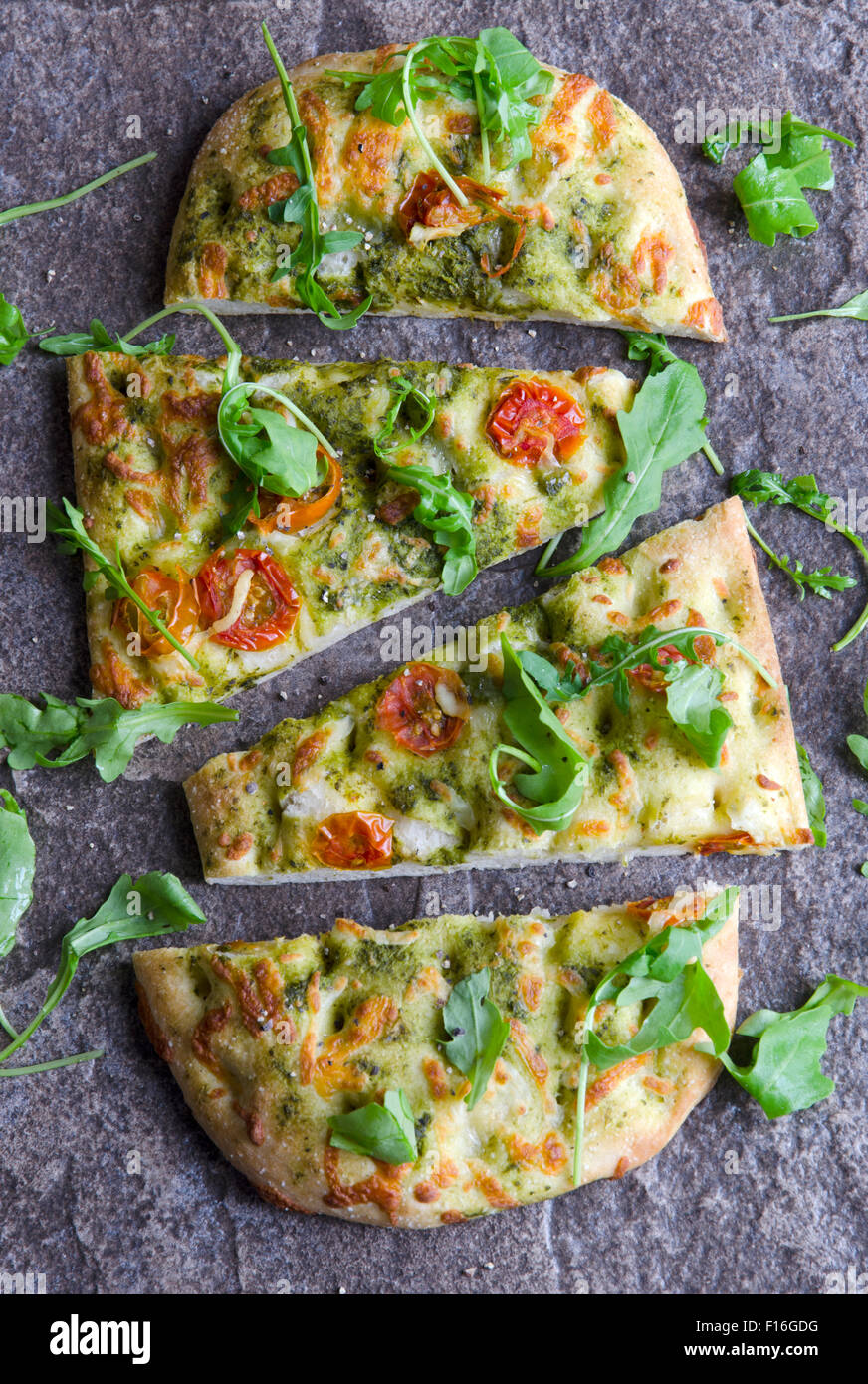 Tomato, basil and mozzarella flatbread Stock Photo - Alamy