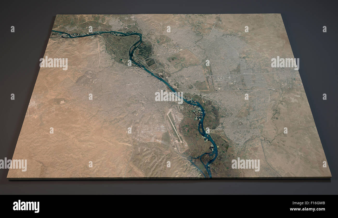 Map of Mosul, Iraq, satellite view, map in 3d on black background Stock ...