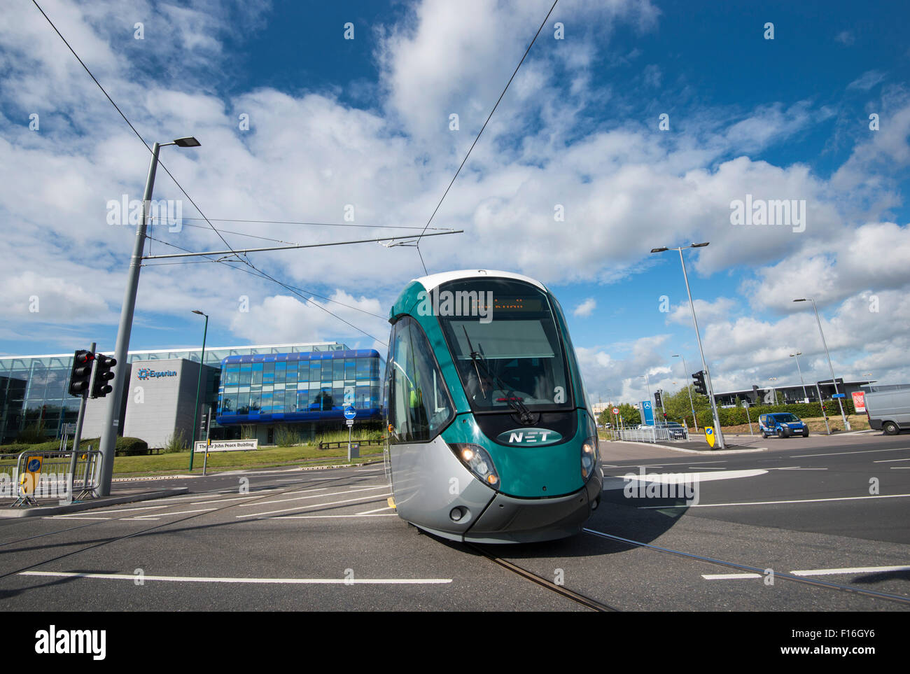 A Nottingham tram running on the newly opened line on Queens Drive ...