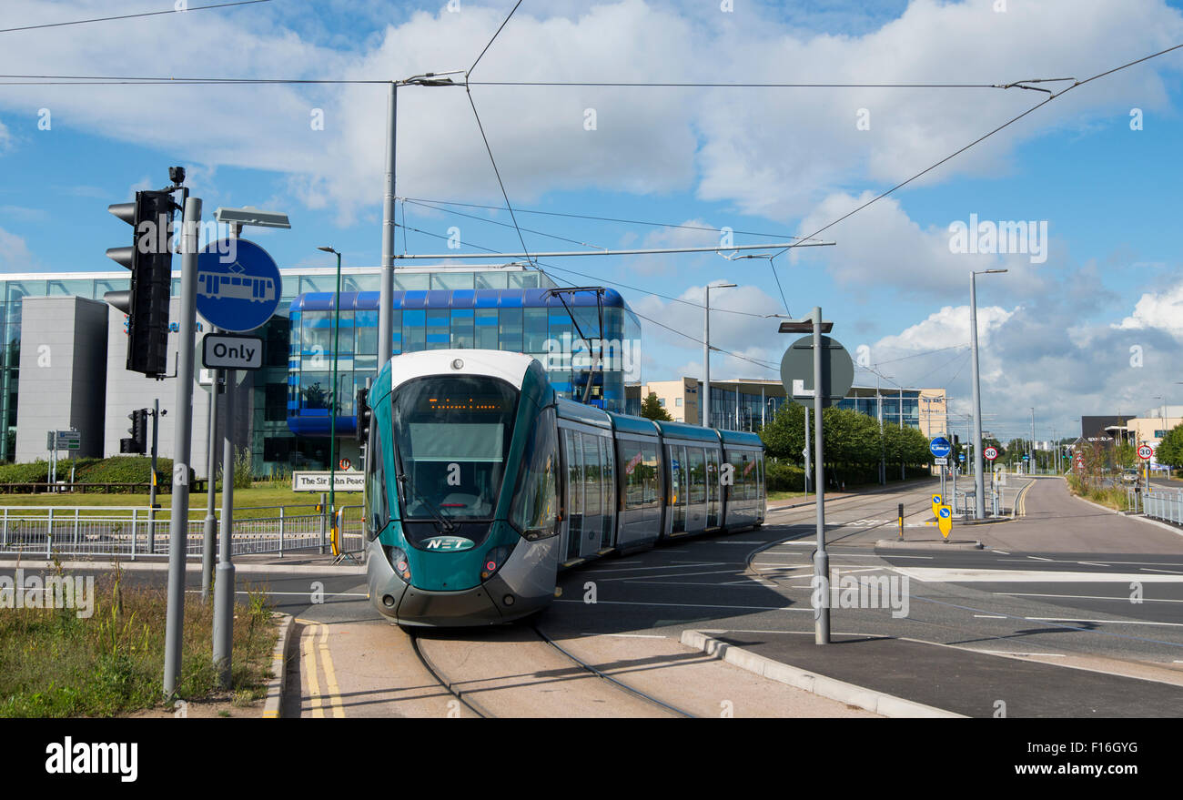 A Nottingham tram running on the newly opened line on Queens Drive ...