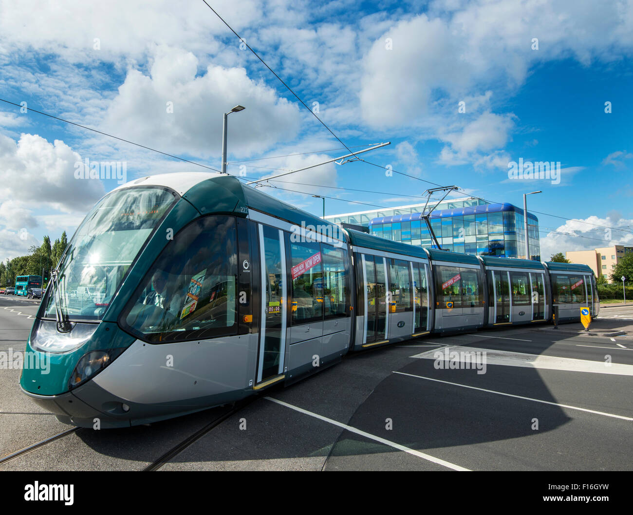 A Nottingham tram running on the newly opened line on Queens Drive ...