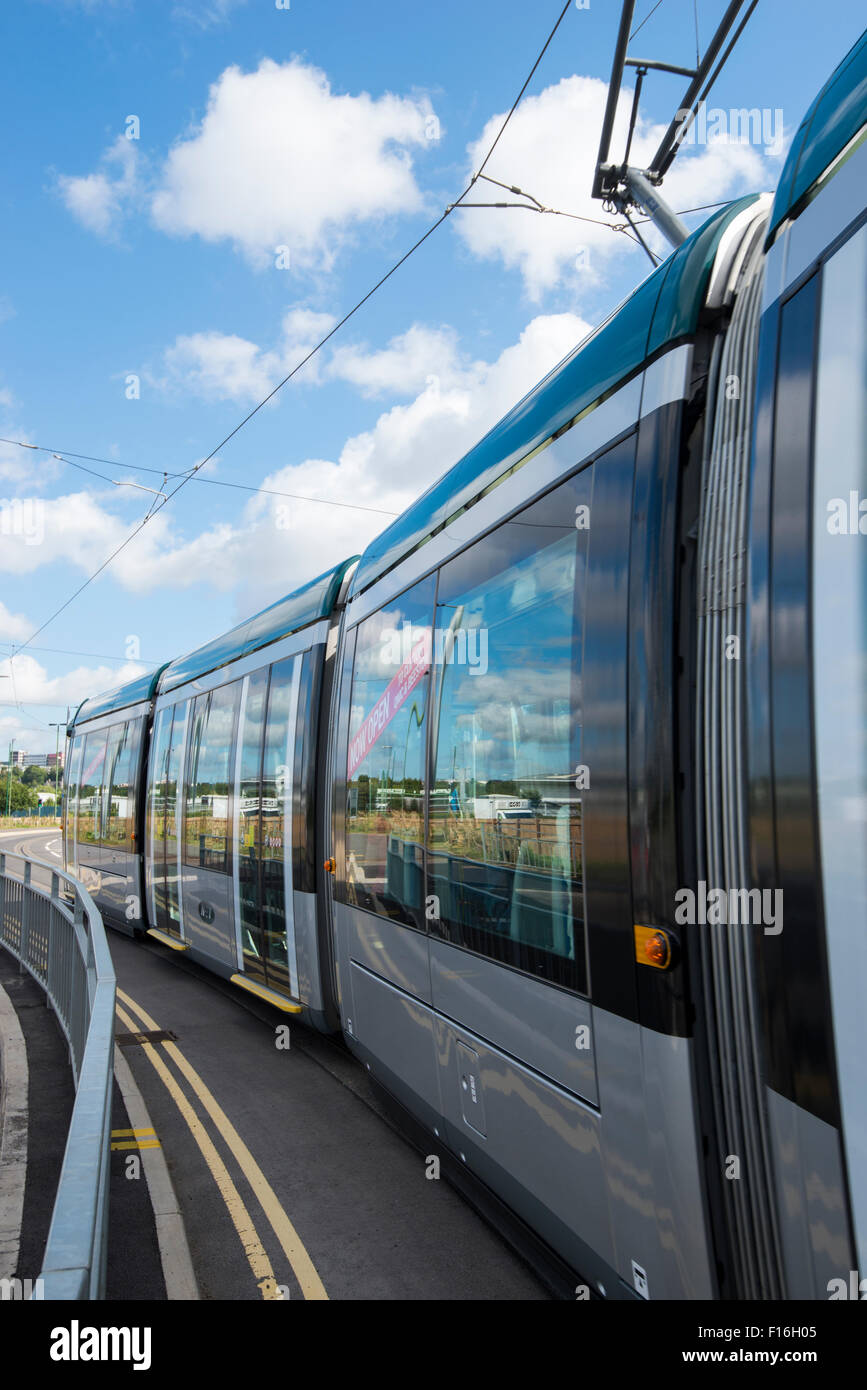 A Nottingham tram running on the newly opened line through the Meadows ...