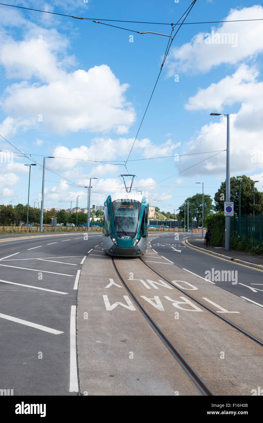 A Nottingham tram running on the newly opened line through the Meadows ...