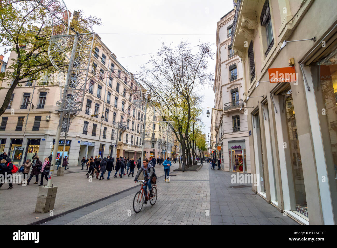 LYON, FRANCE - DECEMBER 7, 2014: downtown street view with locals and ...