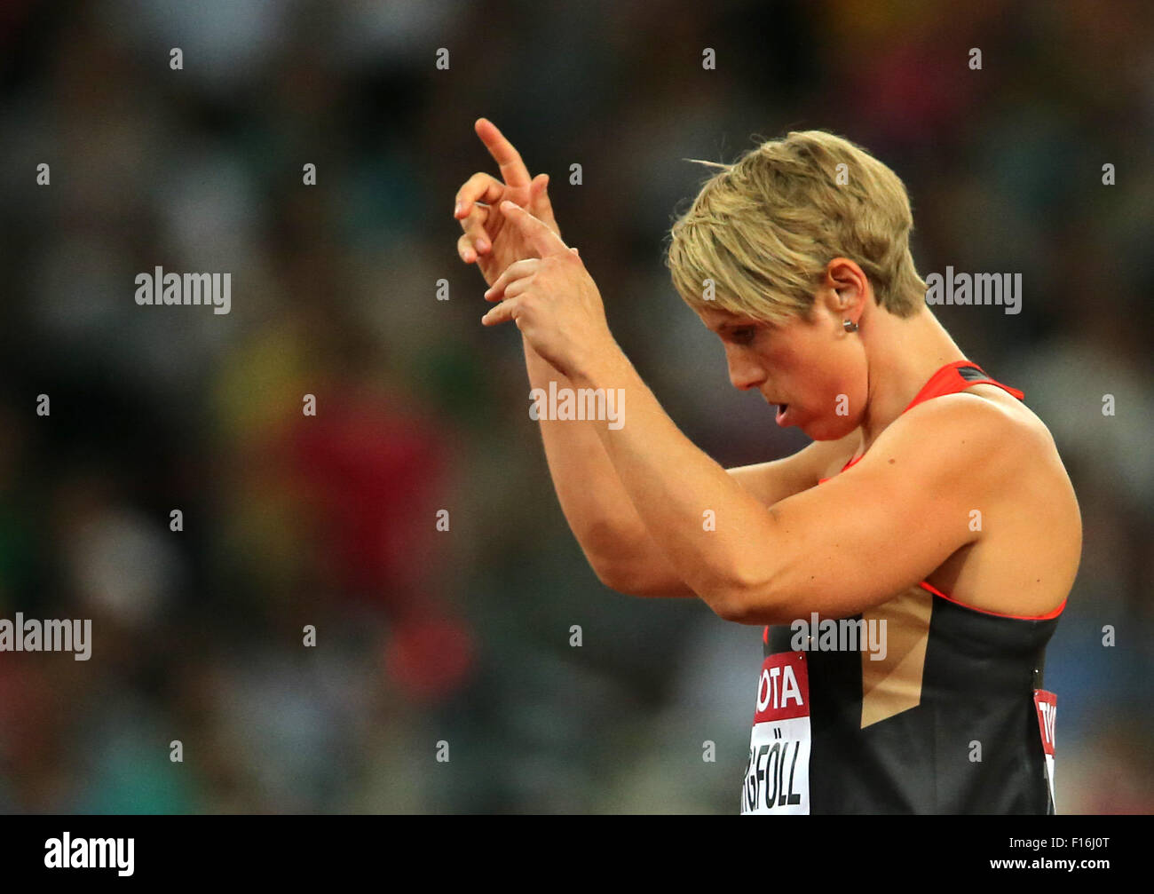 Beijing, China. 28th Aug, 2015. Christina Obergfoell of Germany reacts ...