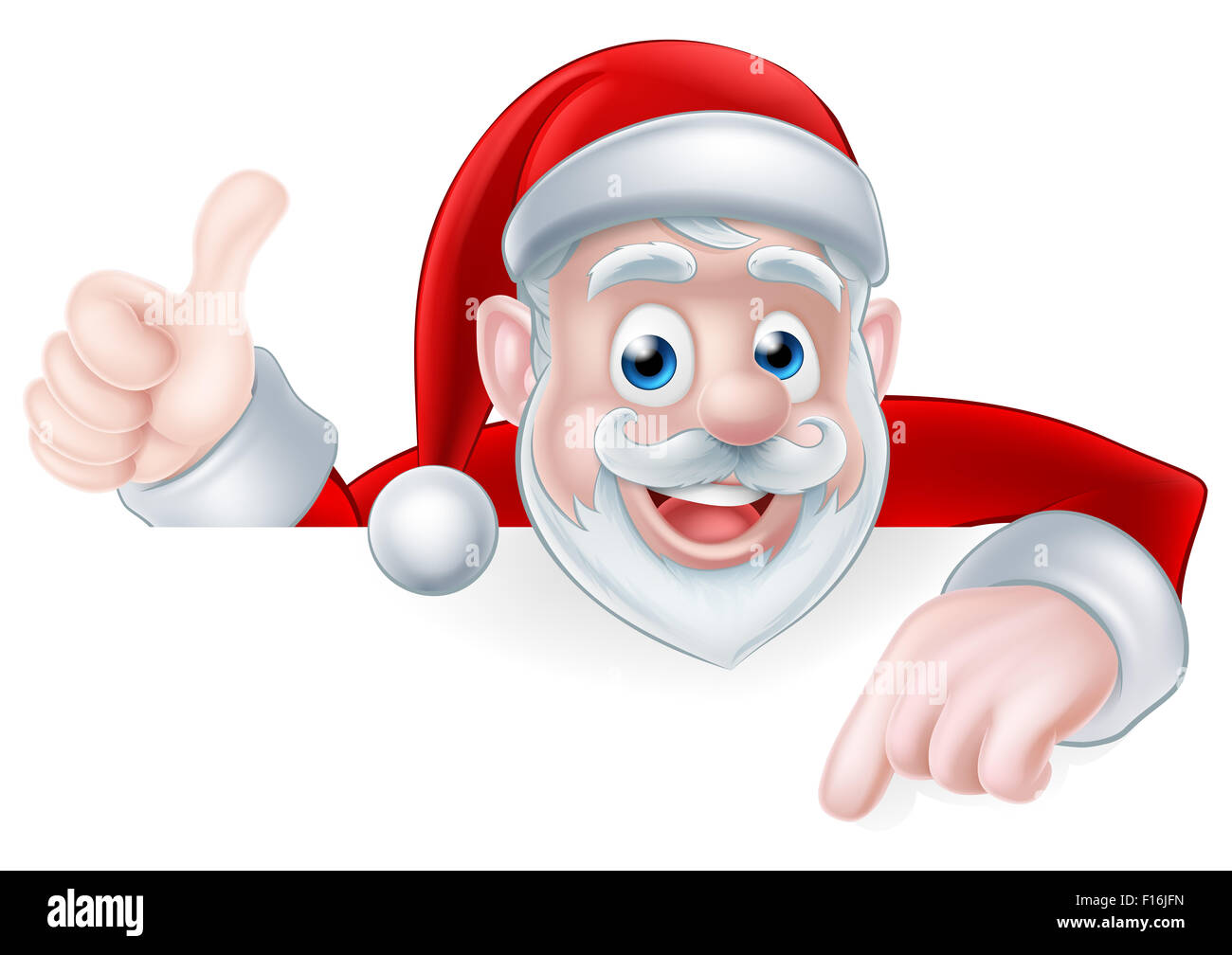 A Christmas illustration of a cartoon Santa pointing at a sign and ...