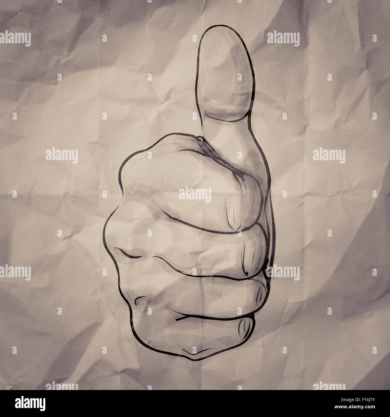 hand giving a thumbs up as vintage style concept on wrinkled paper ...