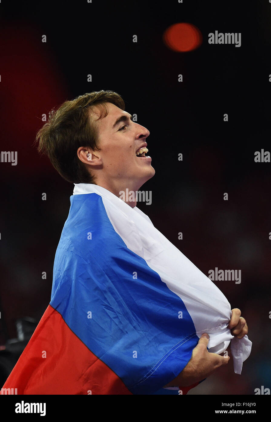 Beijing, China. 28th Aug, 2015. Sergey Shubenkov of Russia celebrates ...