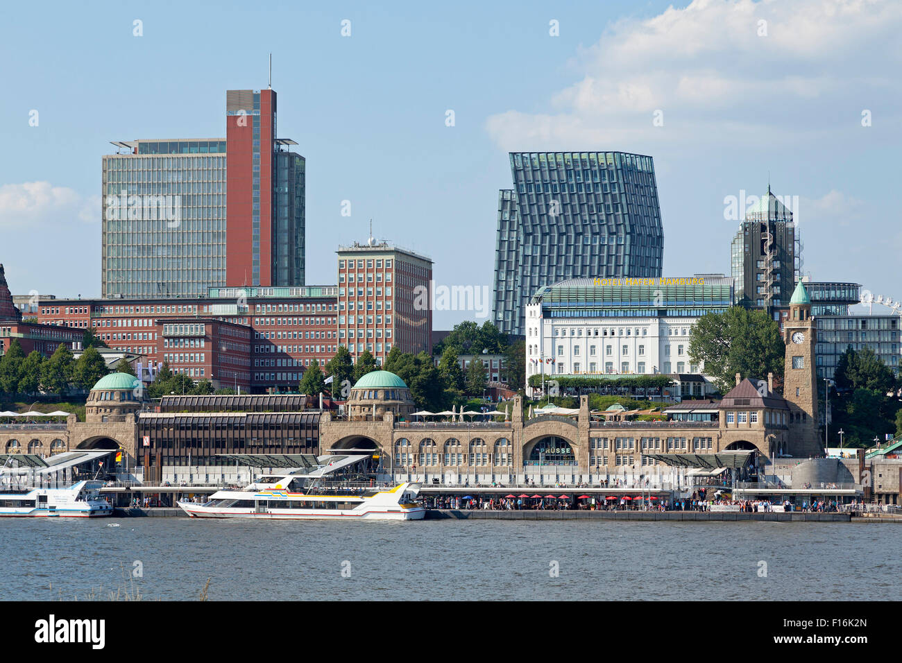 Jetties with high-rise building ´Die tanzenden Tuerme´ (the dancing ...