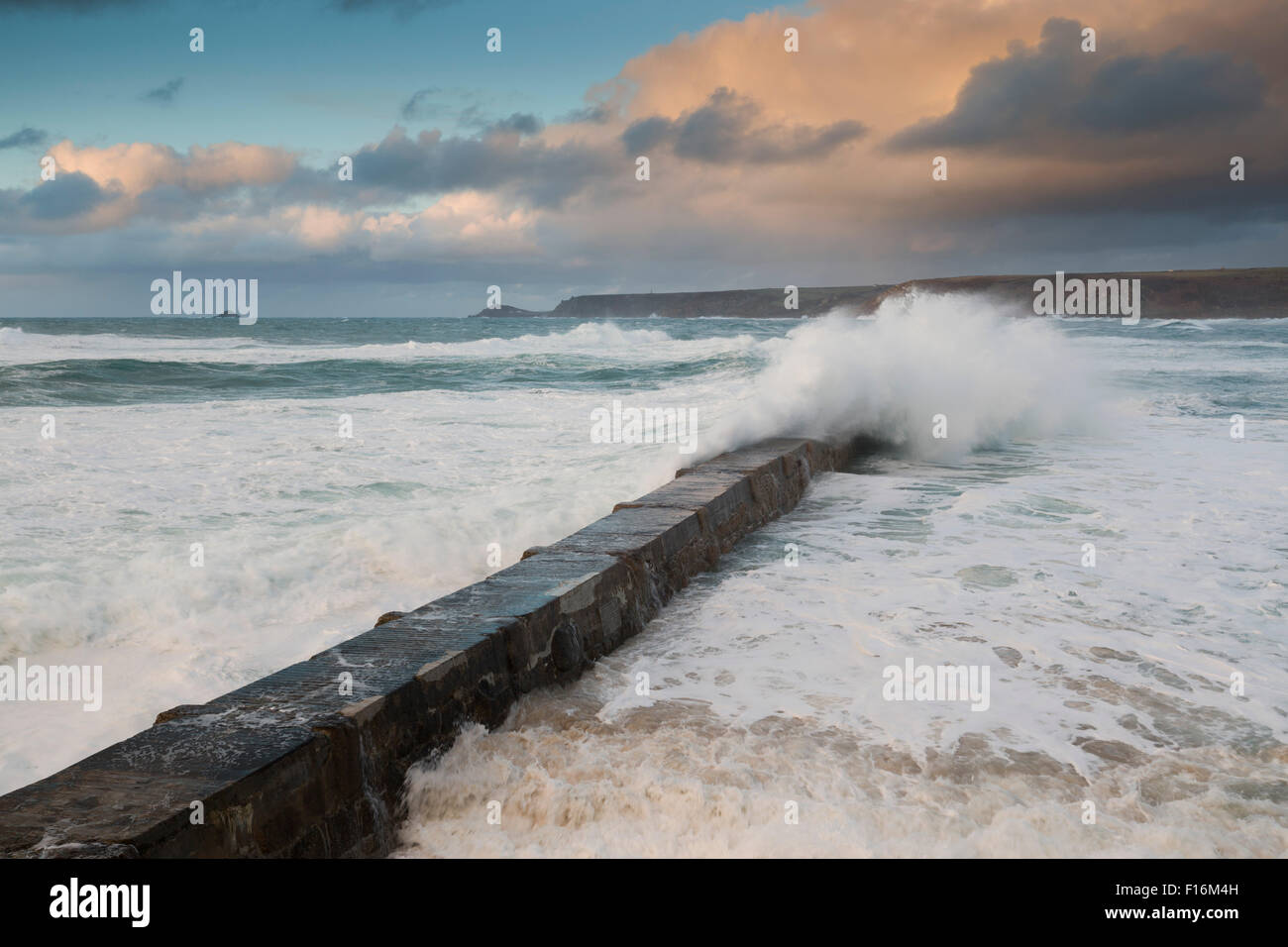 Sennen; Wave Breaking over the Sea Wall Cornwall; UK Stock Photo - Alamy