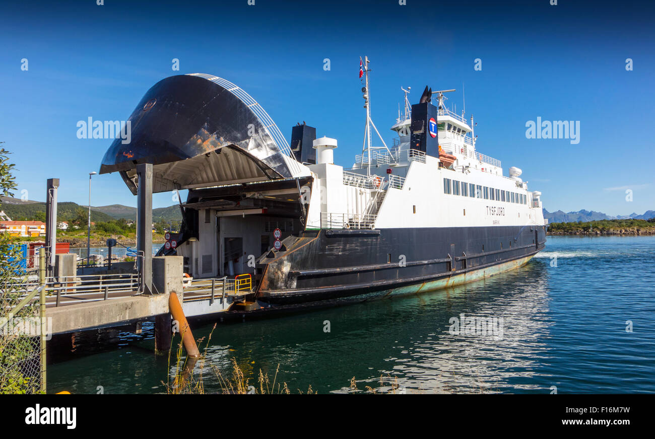 Ferry docking with front lifting, crossing fjord, Arctic Norway ...