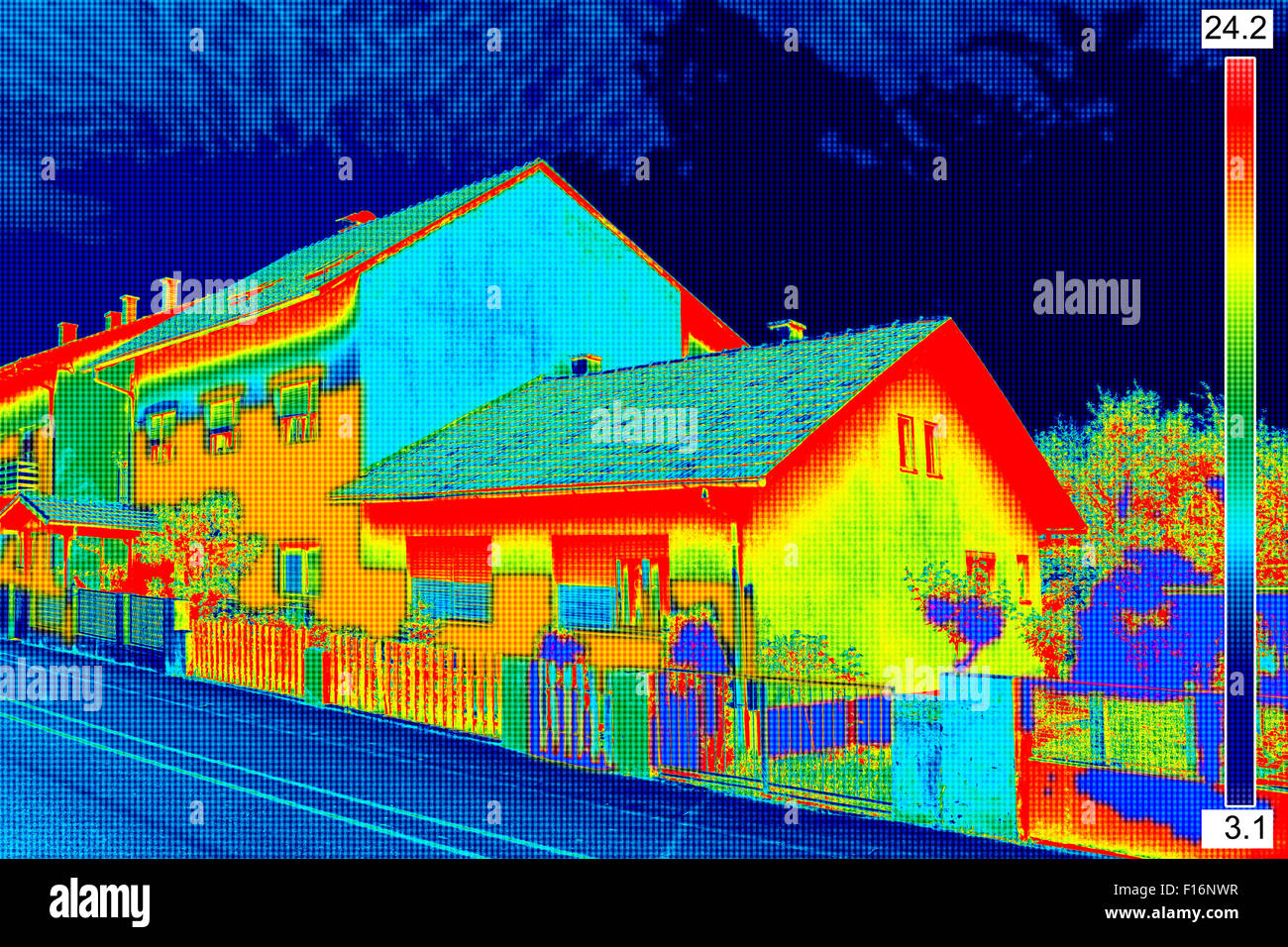 Infrared thermovision image showing lack of thermal insulation on House ...