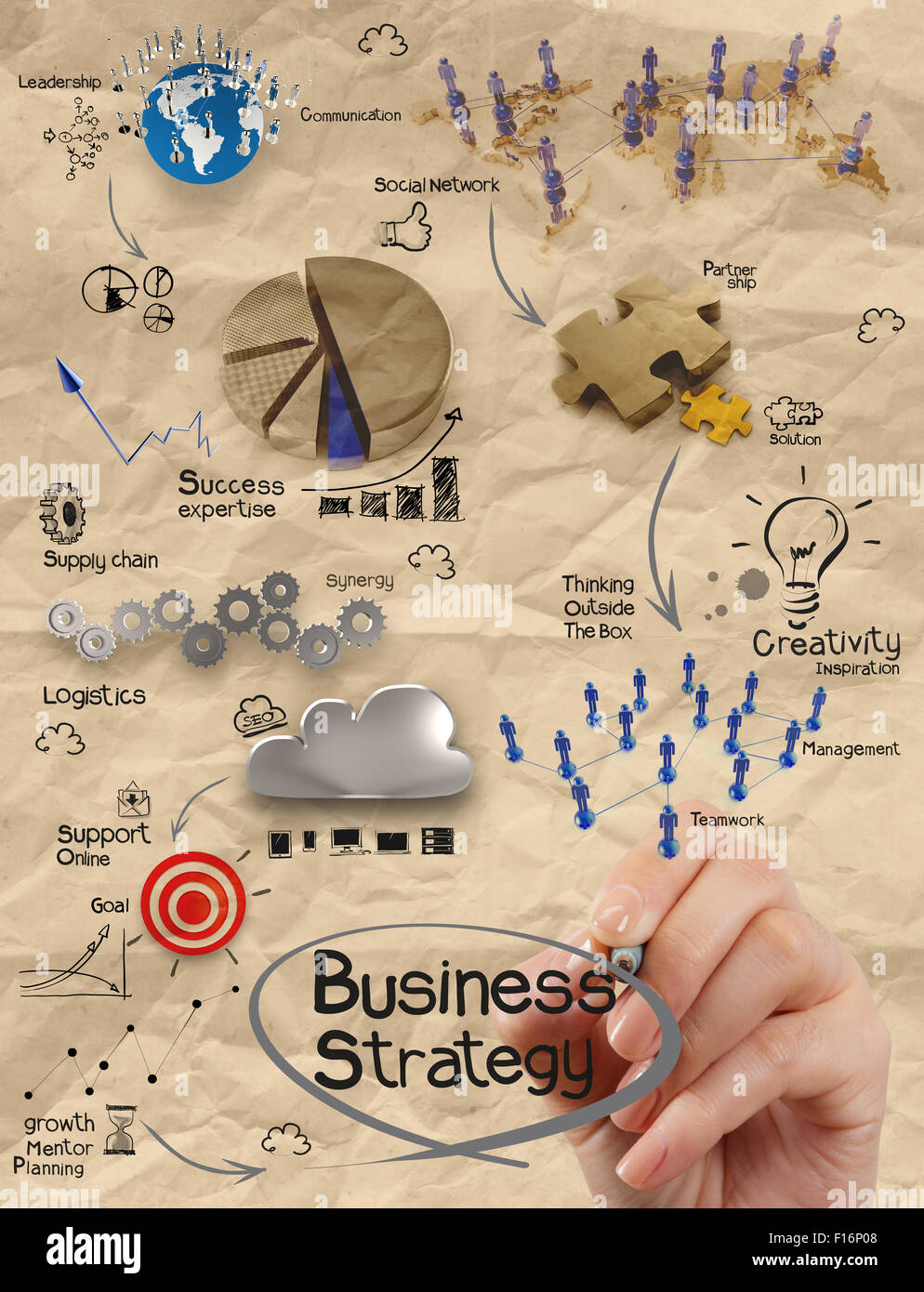 hand drawing creative business strategy with crumpled recycle paper ...