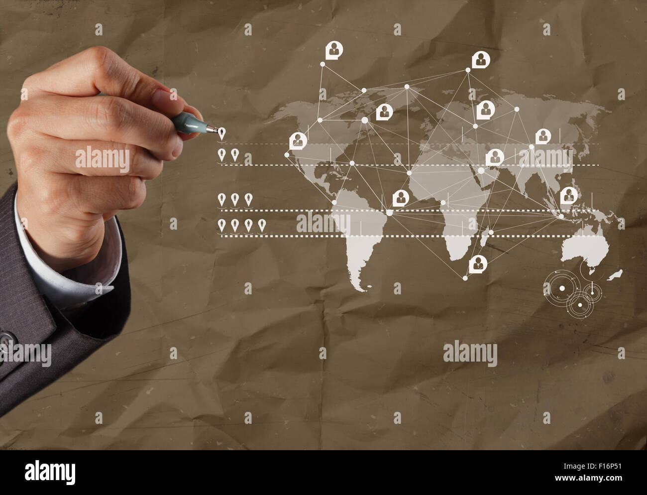 hand drawing diagram of social network structure with crumpled recycle ...