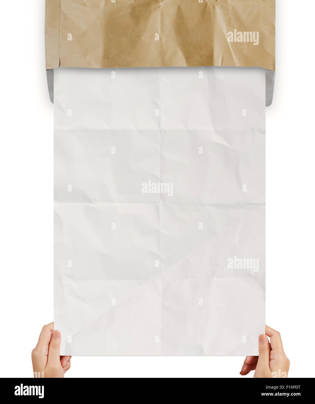 hand pulling crumpled paper from recycle envelope as concept background ...