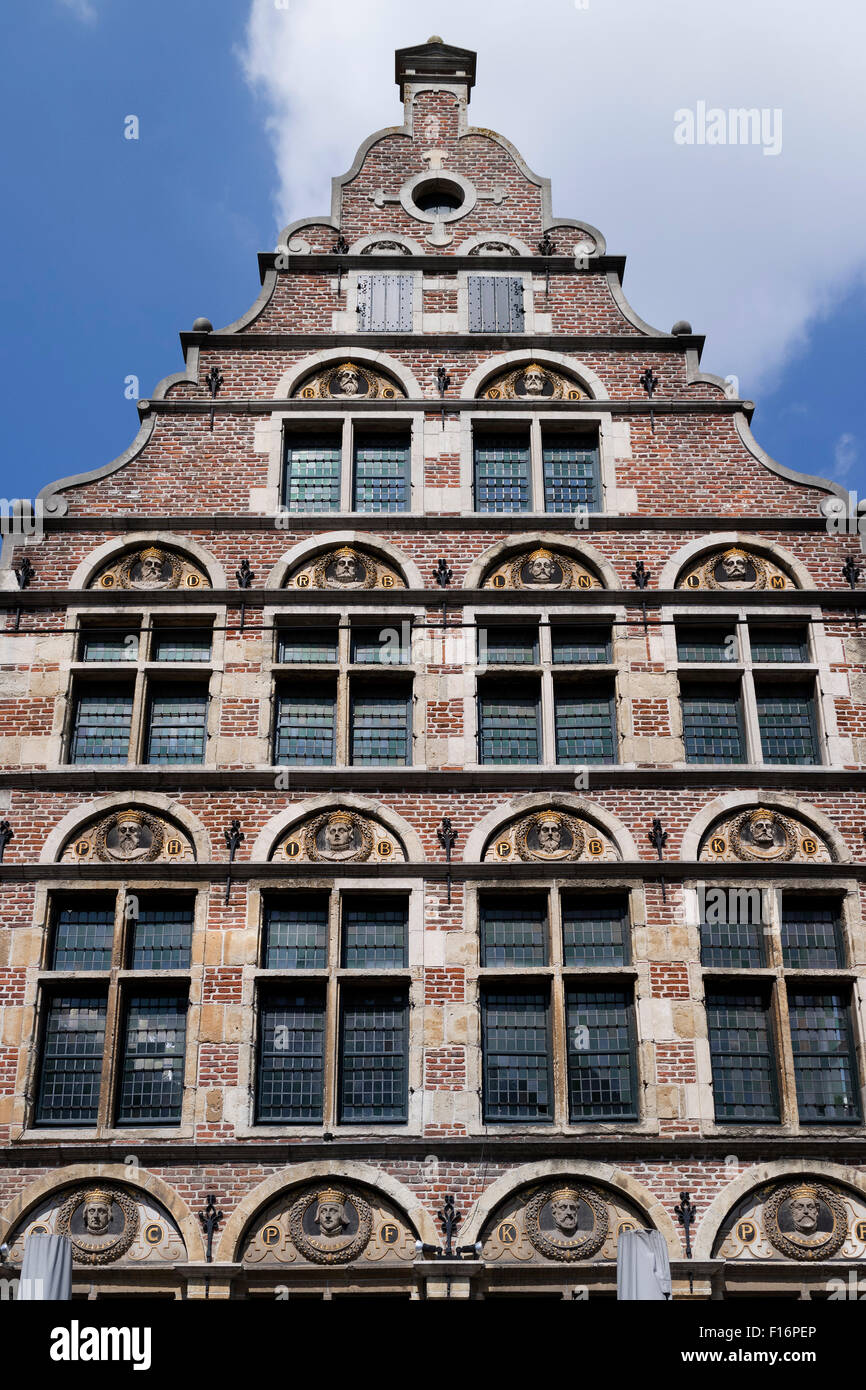 The crowned heads in a facade of a stepped gable in Ghend, Belgium ...