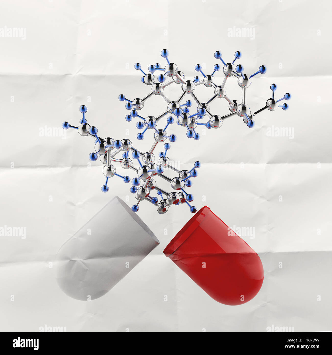 medical capsule and molecule structure on crumpled paper as concept ...