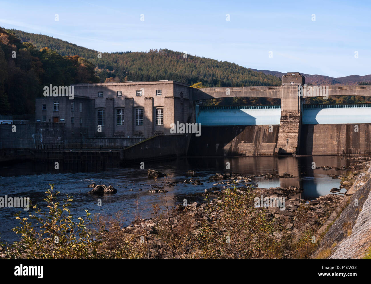 Pitlochry Dam viewed from down stream on the river Tummel, Perthshire ...