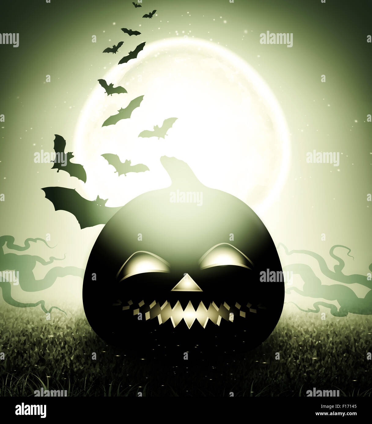 Halloween Background With Field, Moon, Grass, Bats And Cute Pumpkin ...