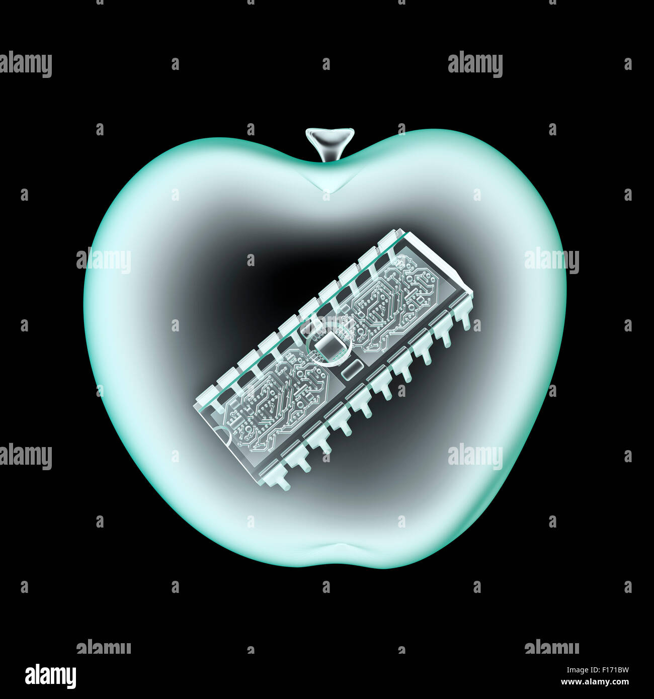 Digital apple x-ray / 3D render of x-rayed apple with microchip inside ...