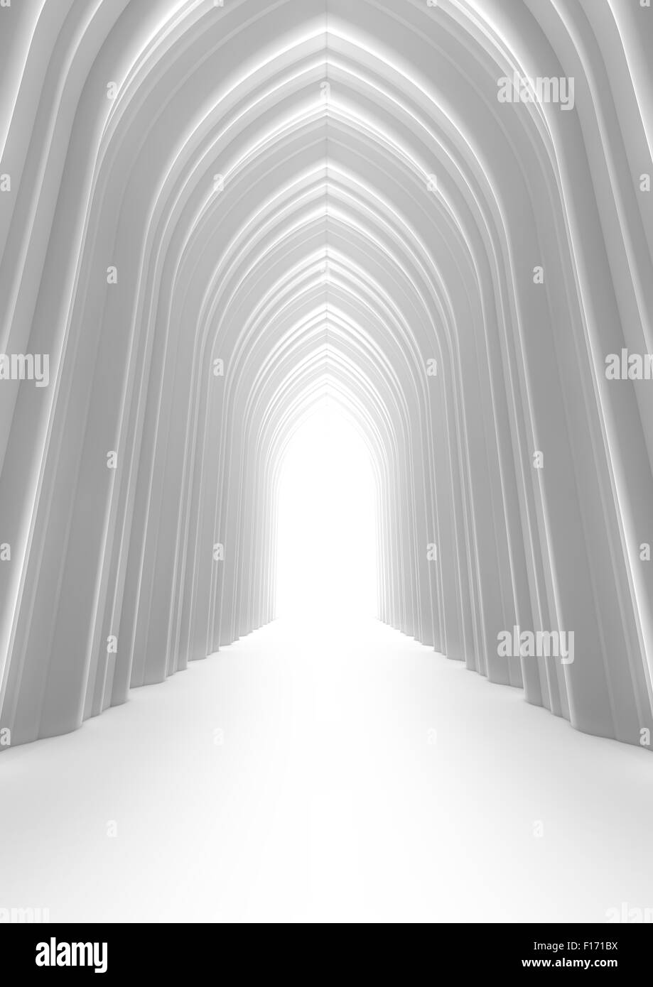 Hall of light / 3D render of high arched hall filled with bright light ...