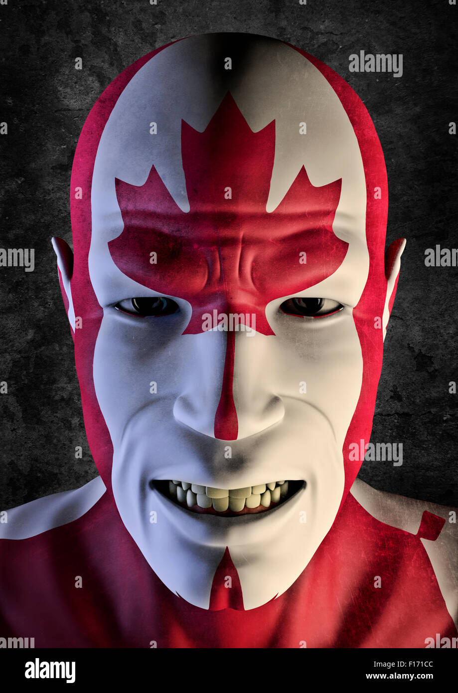 Big fan Canada / 3D render of grinning man decorated with Canadian flag ...