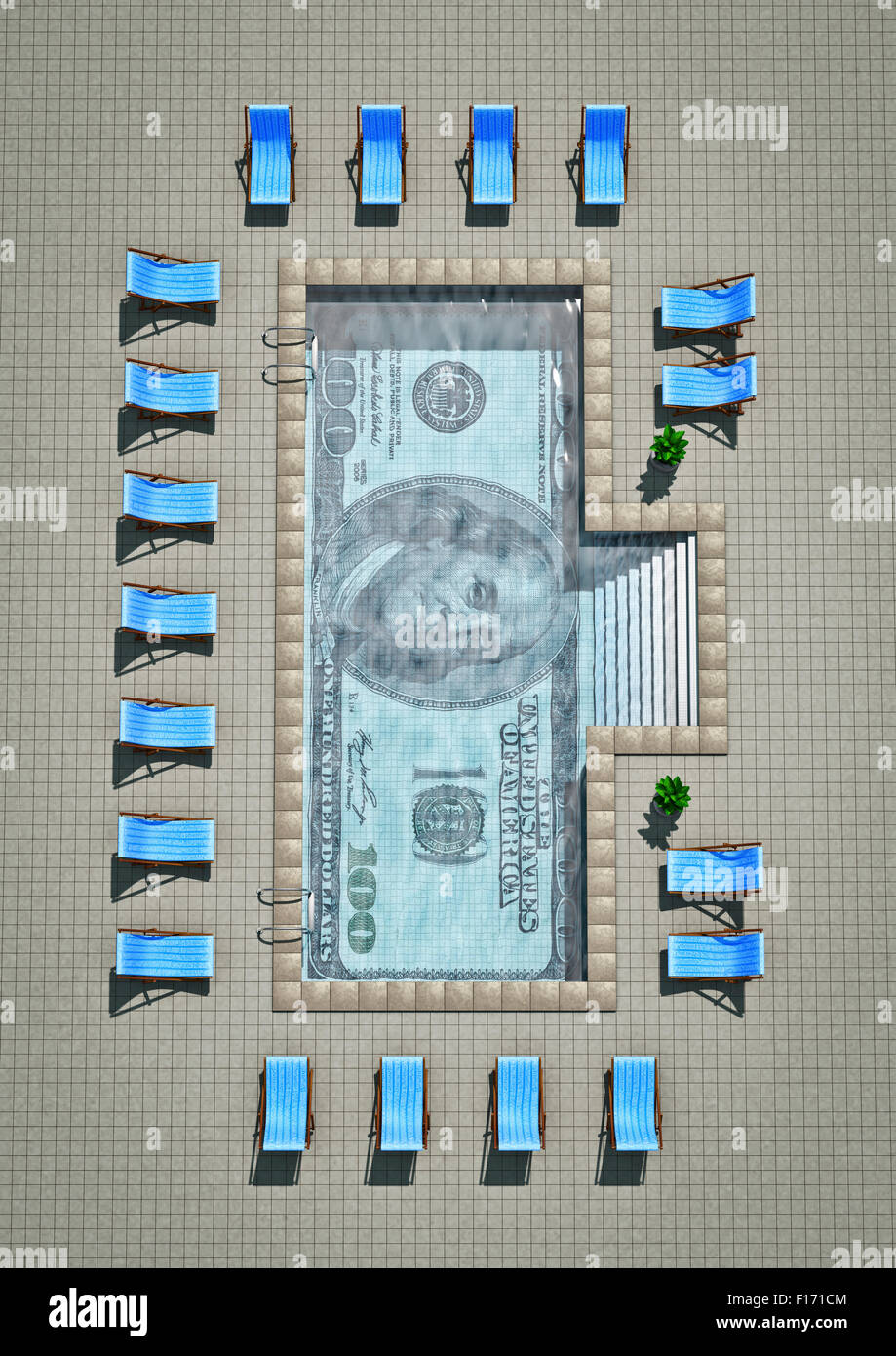 Dollar pool / 3D render of swimming pool with hundred dollar bill tiled ...