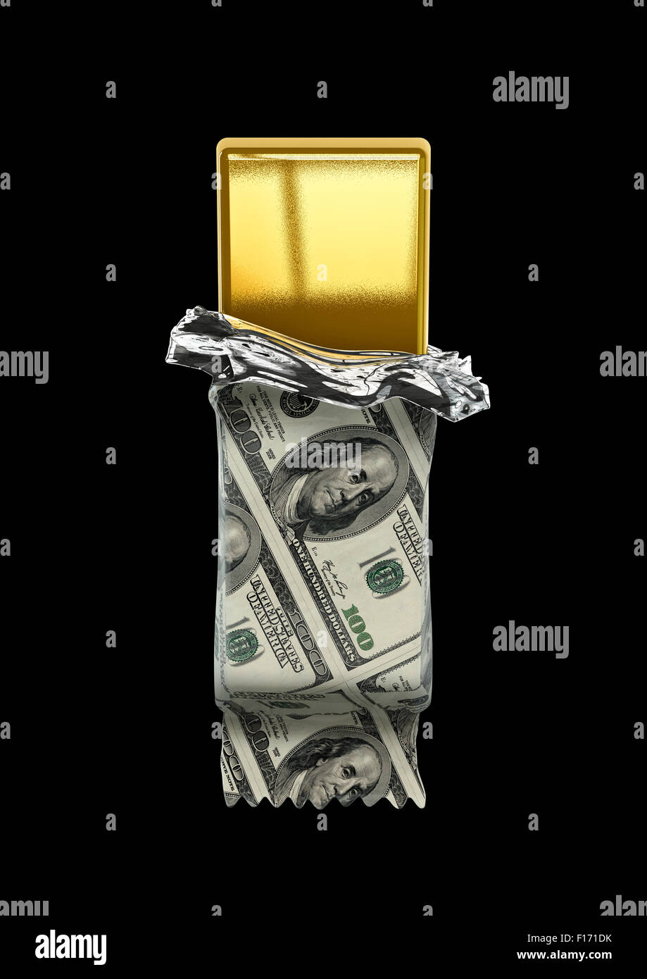 Wealthy snack / 3D render of gold candy bar in hundred dollar wrapper ...