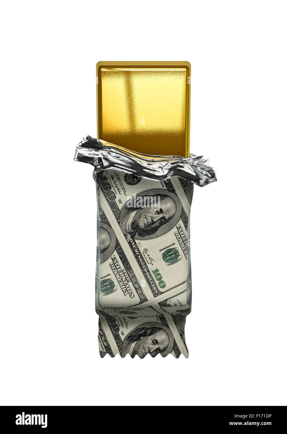 Wealthy snack / 3D render of gold candy bar in hundred dollar wrapper ...