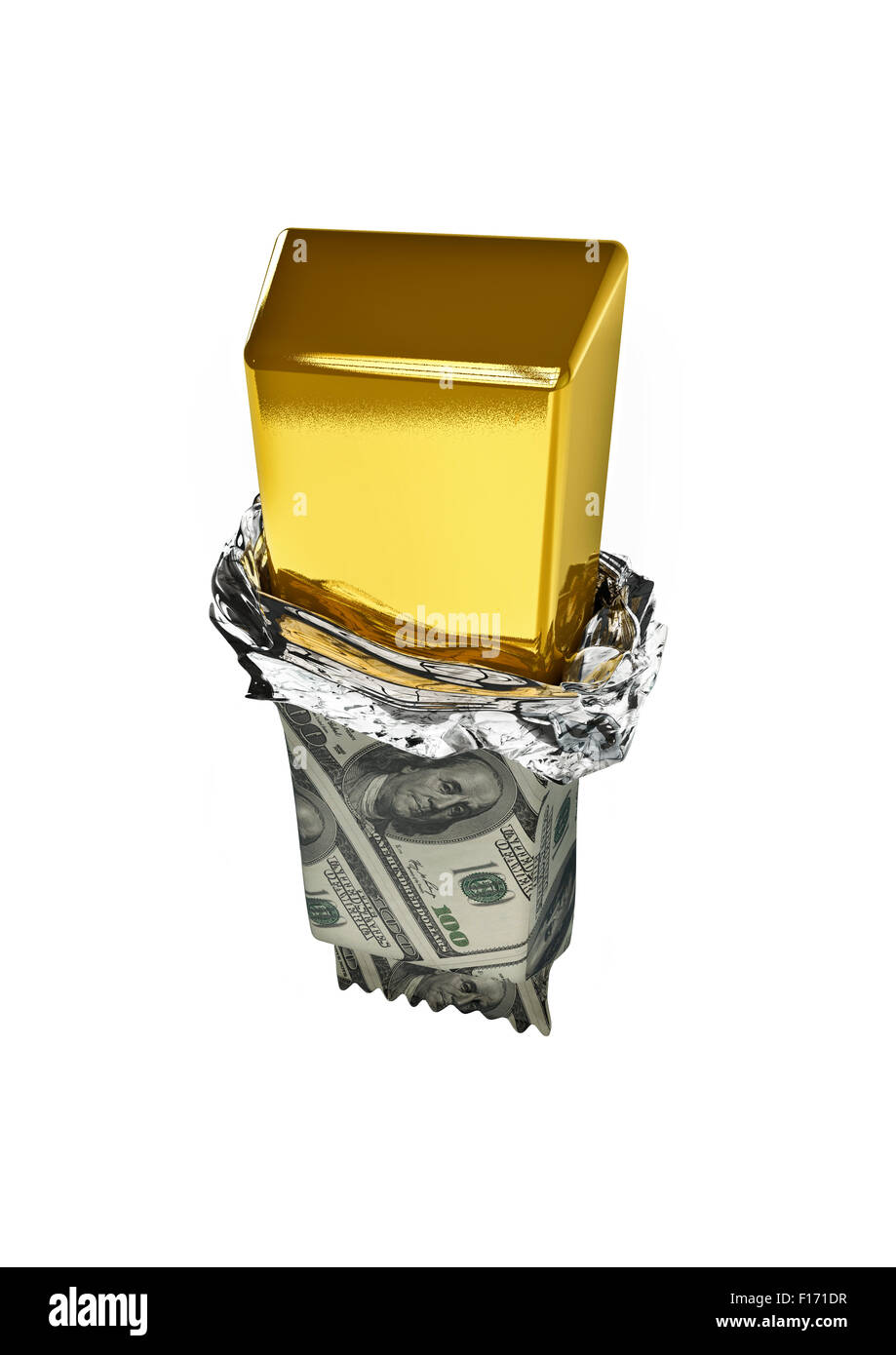 Wealthy snack / 3D render of gold candy bar in hundred dollar wrapper ...
