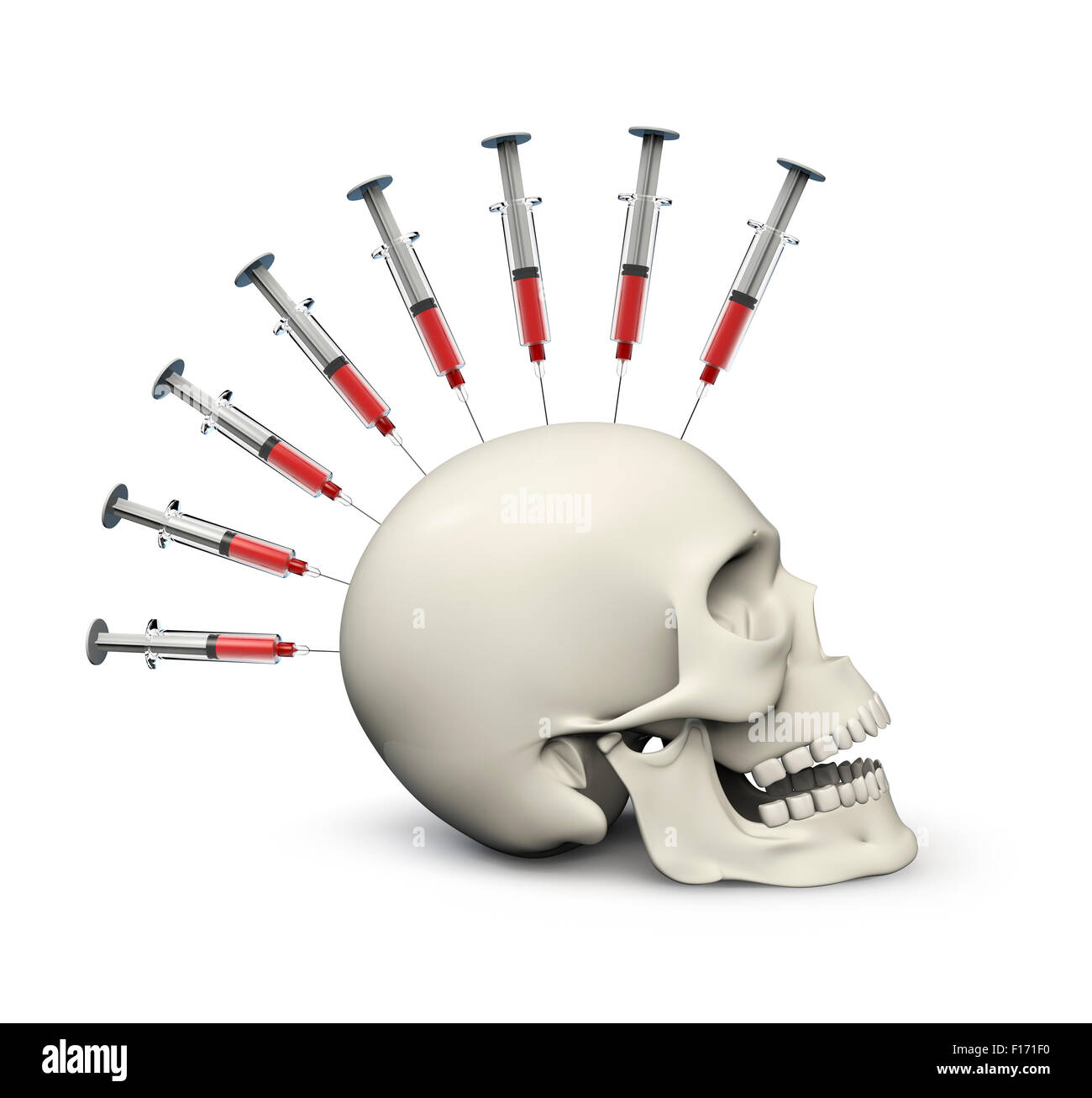 Fatal addiction / 3D render of skull with row of syringes embedded on ...