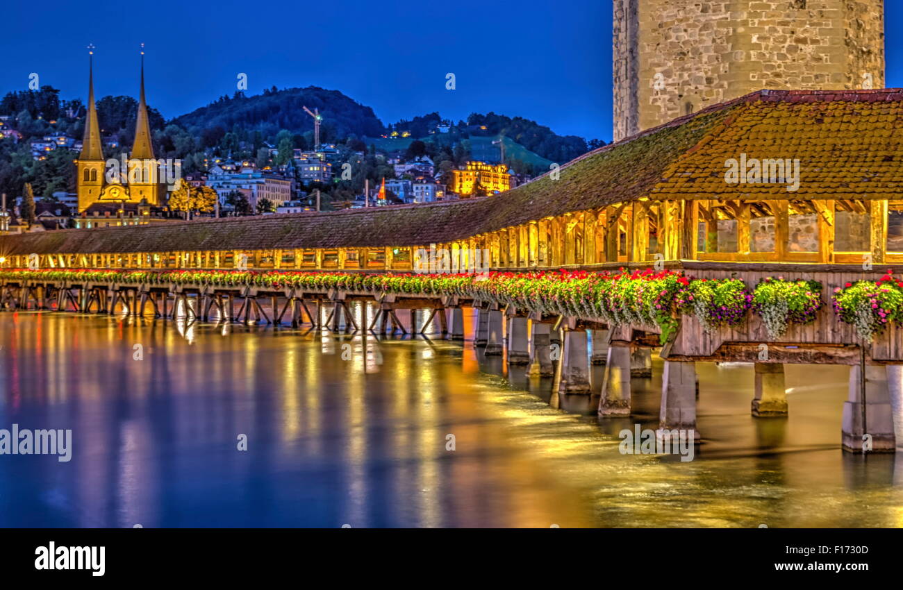 Chapel bridge or Kapellbrucke by night, Lucerne, Switzerland Stock ...