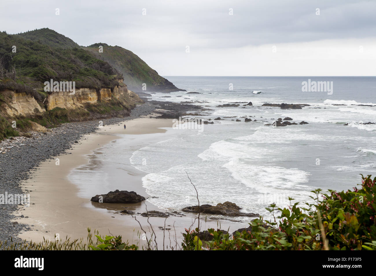 Desolate beach in the Central Oregon coast with its typical grey skies ...