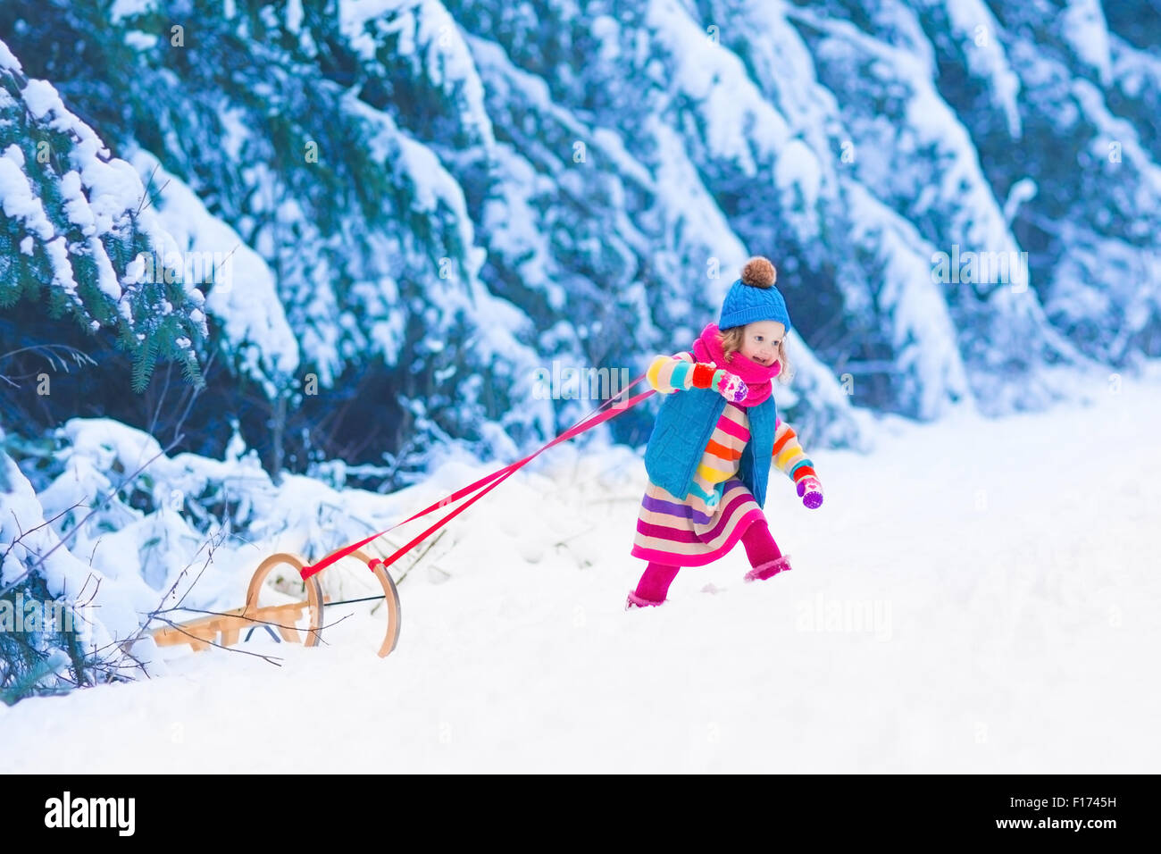 Little girl enjoying a sleigh ride. Child sledding. Toddler kid riding a sledge. Children play ...