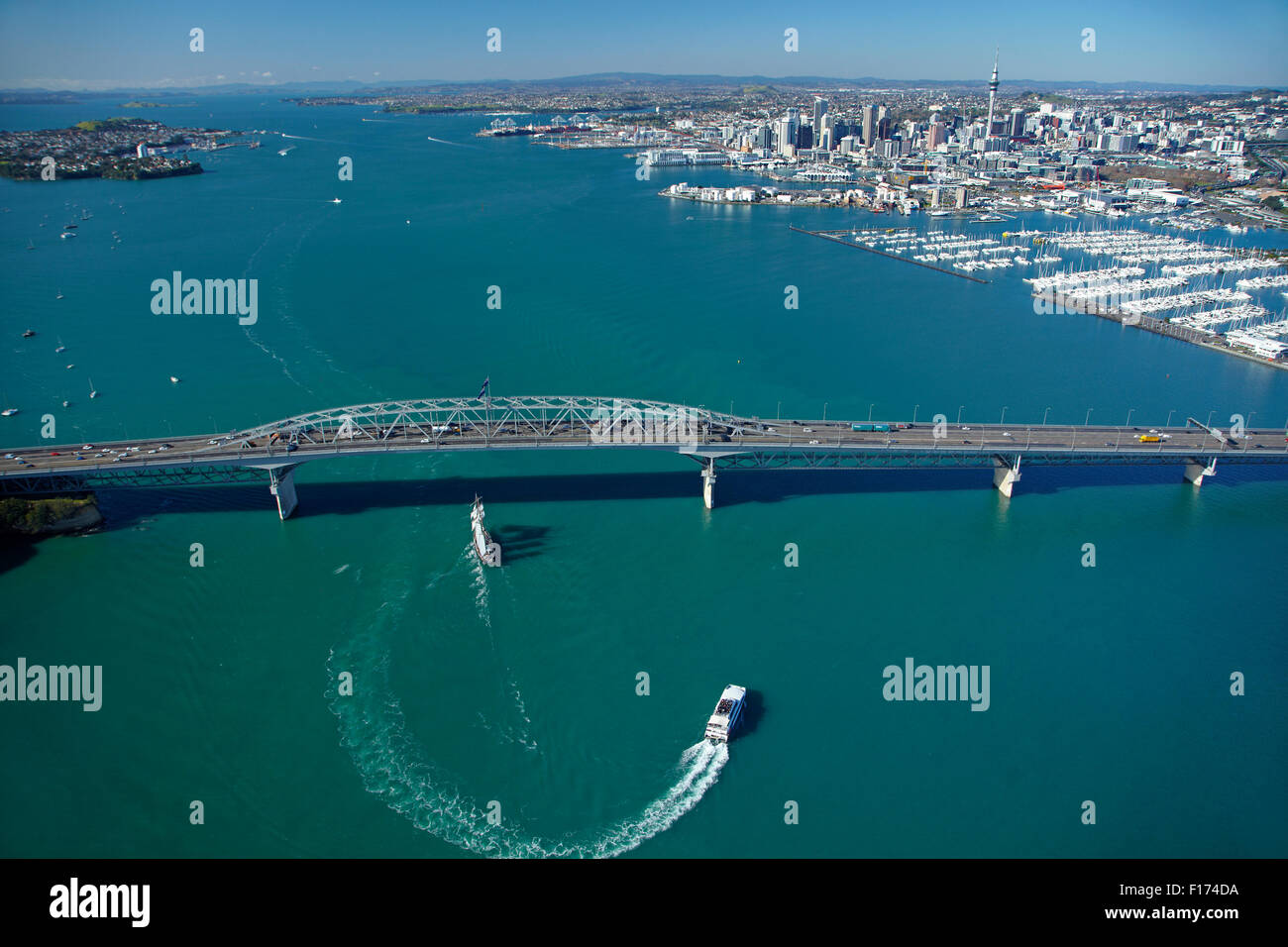 Spirit of New Zealand tall ship, passenger ferry, and Auckland Harbour ...