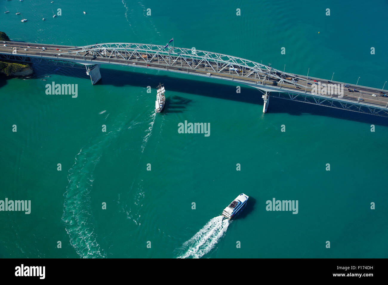 Spirit of New Zealand tall ship, passenger ferry, and Auckland Harbour ...