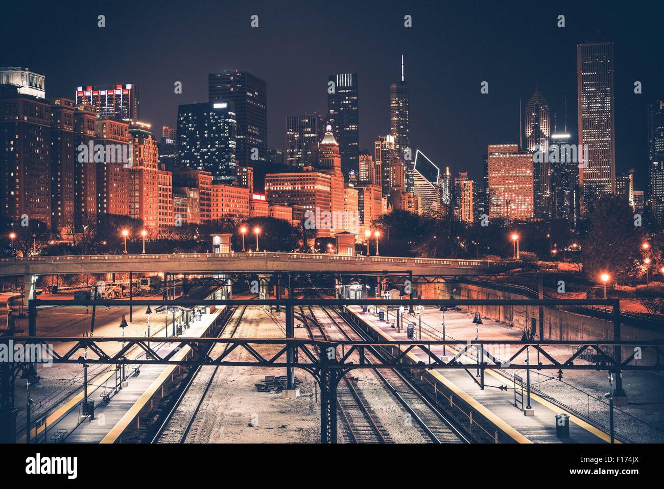 Chicago Skyline and Railroad System at Night. Chicago, Illinois, United ...