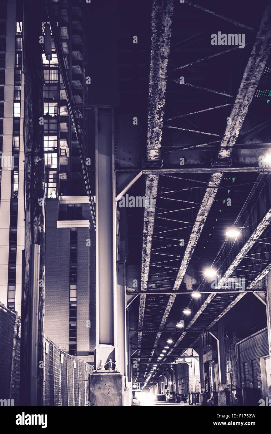 Urban Night. Chicago Alley with Train Bridge. Violet Color Grading ...