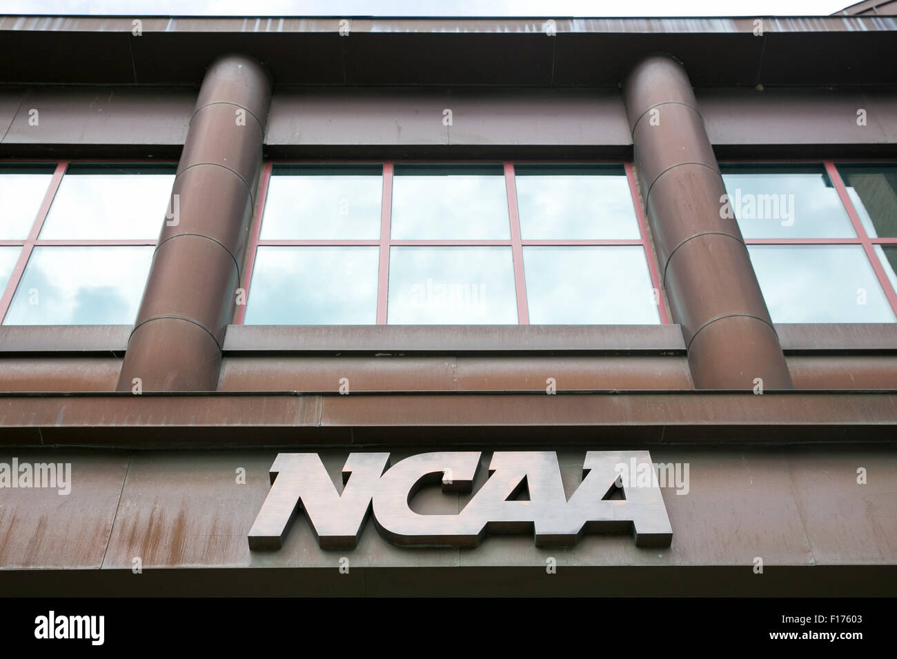 A logo sign outside of the headquarters of the National Collegiate ...