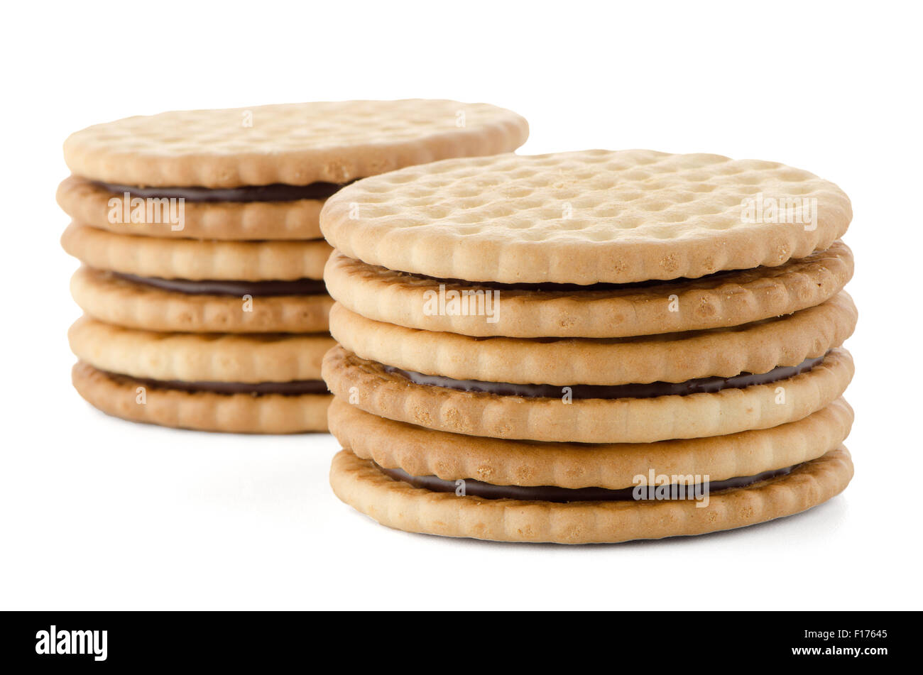 Sandwich biscuits with chocolate filling on a white background Stock ...