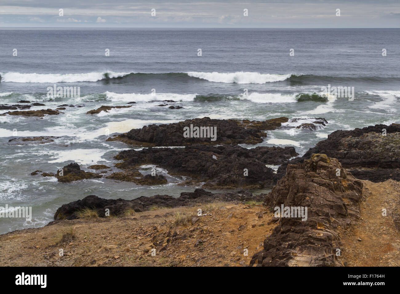Desolate beach in the Central Oregon coast with its typical grey skies ...
