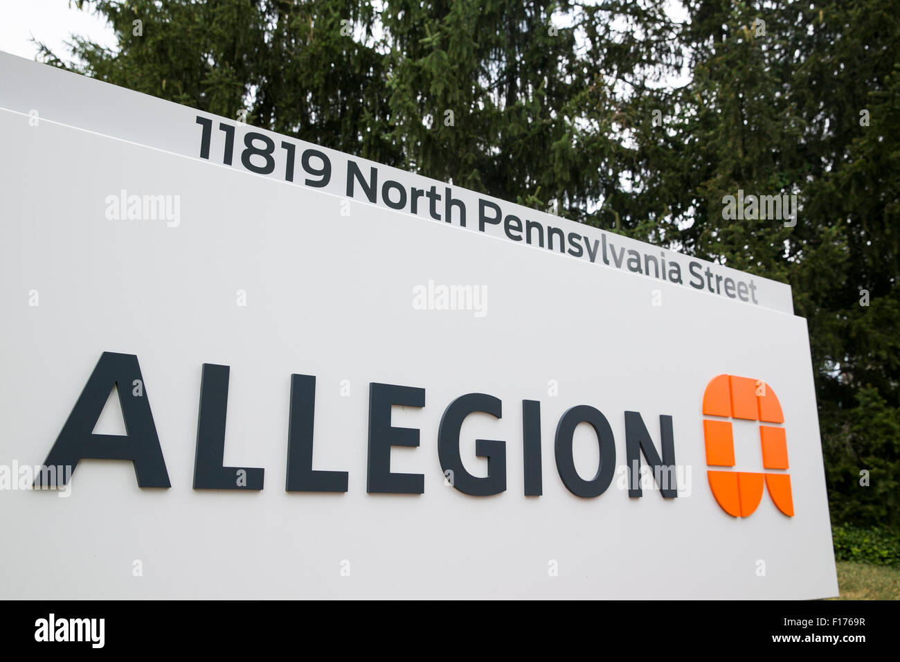A logo sign outside of the North American Headquarters of Allegion in ...