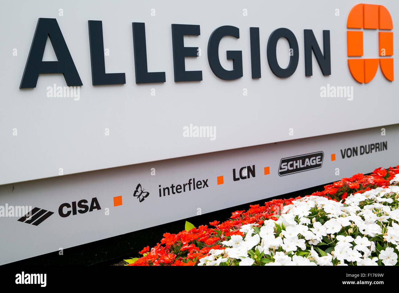 A logo sign outside of the North American Headquarters of Allegion in ...