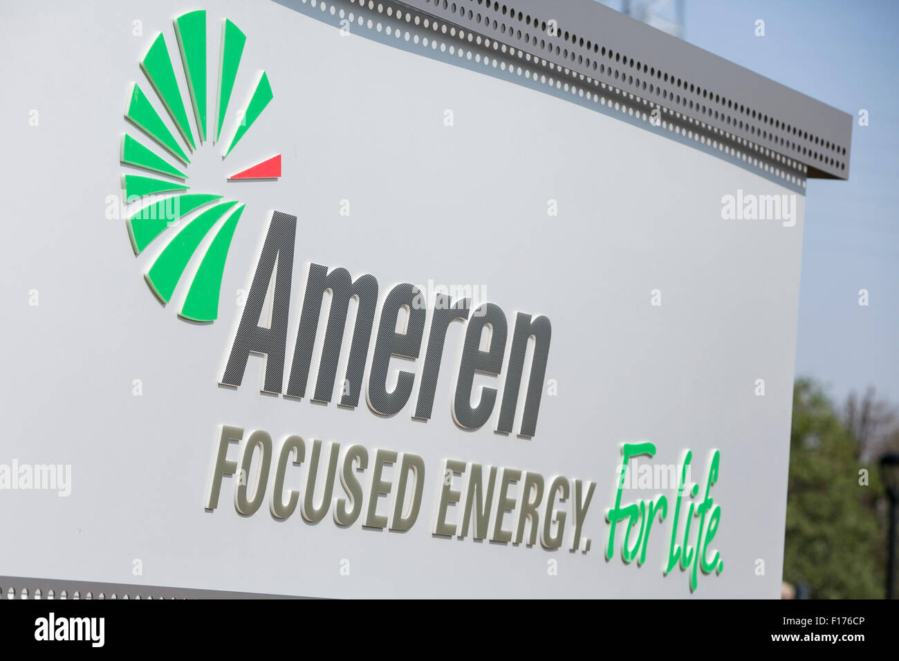 A logo sign outside of the headquarters of the Ameren Corporation, in ...
