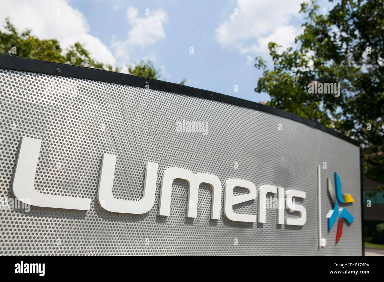 A logo sign outside of the headquarters of Lumeris, in Maryland Heights ...